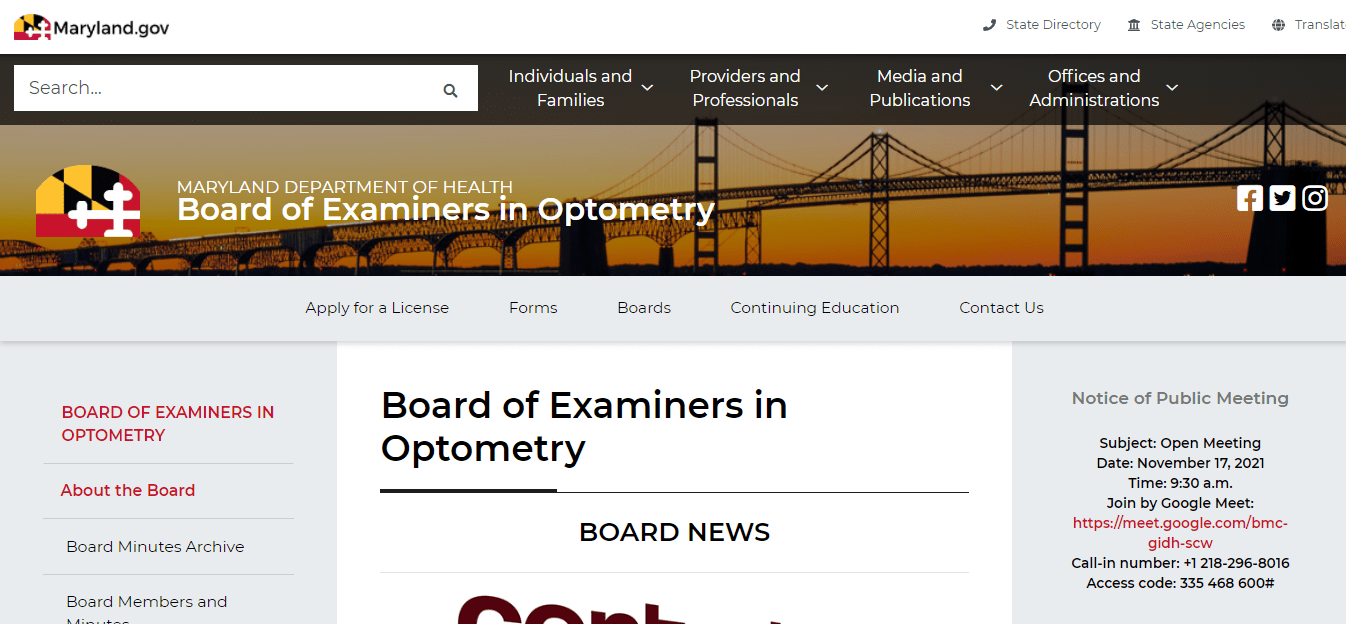 Maryland Board of Optometry: Simplified Licensing Procedures